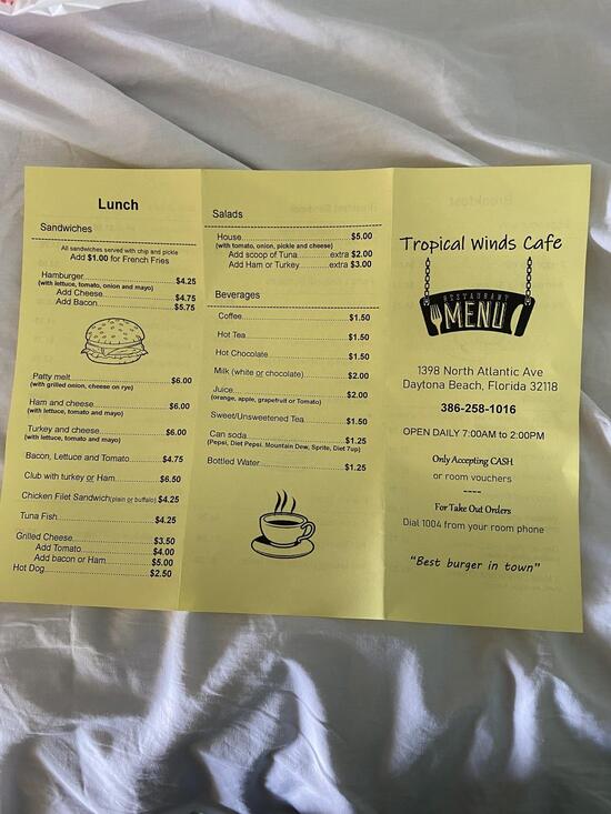 Menu at Tropical Winds Cafe, Daytona Beach