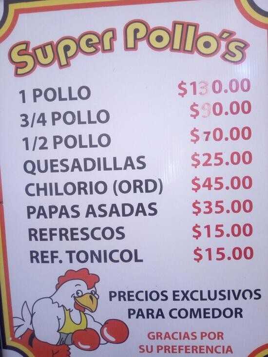 Carta del restaurante Super pollos, Pátzcuaro