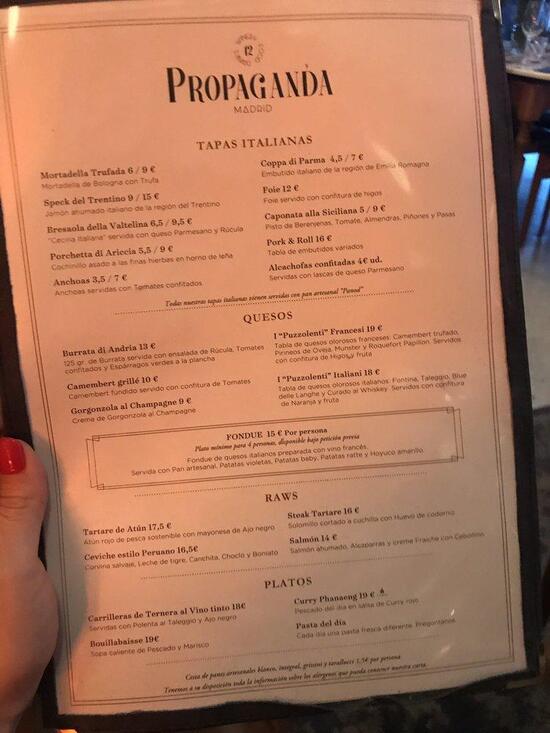 Menu at Propaganda pub & bar, Madrid, C. de la Libertad