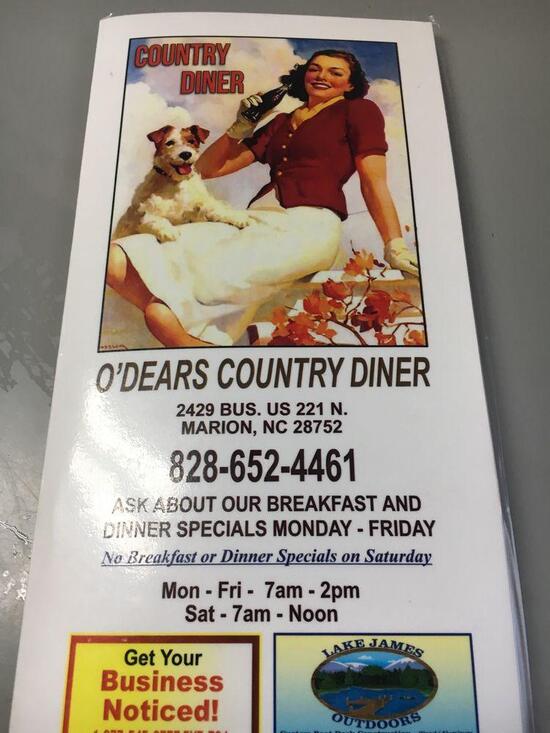 Menu at The Country Diner fast food, Marion, US-221