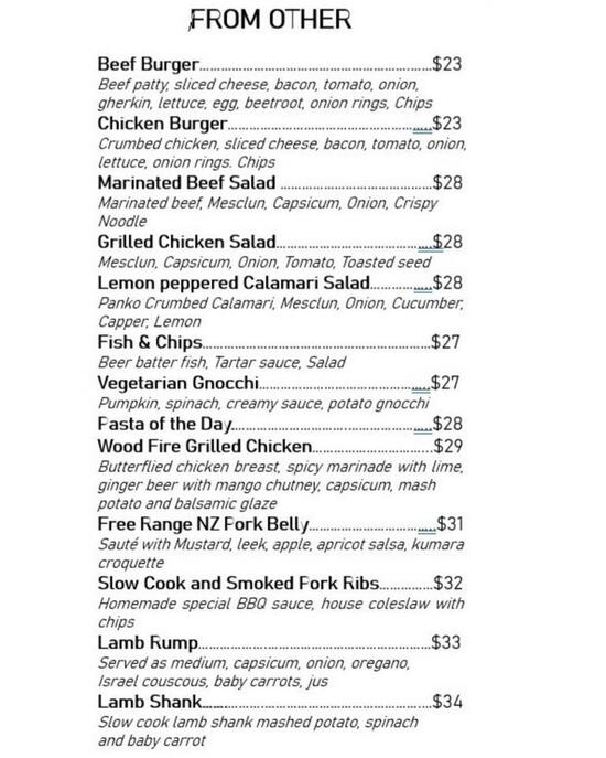Carta de Johnny’s Steakhouse, Pukekohe