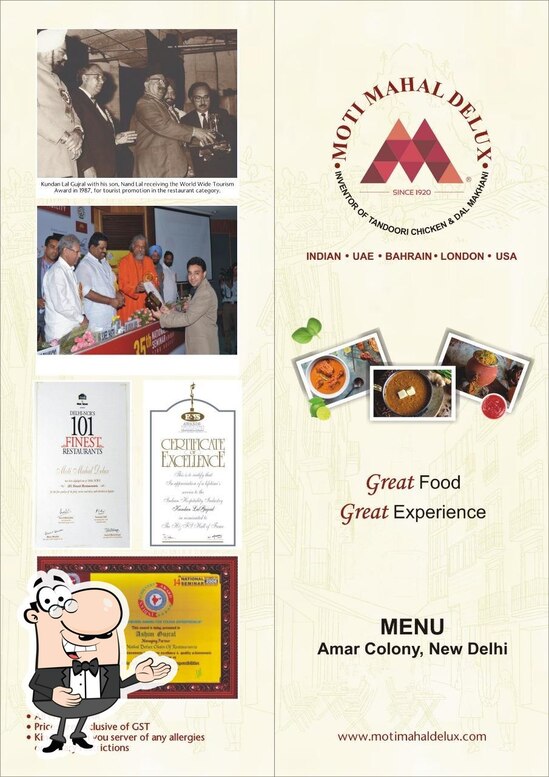 Menu at Moti Mahal delux, New Delhi, 129