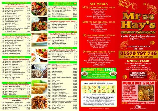 Menu at Mr Hays fast food, Blyth