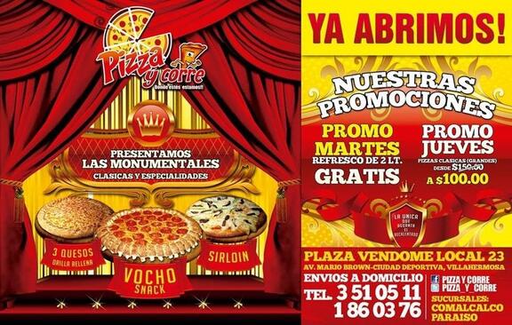 Menu at Pizza y Corre restaurant, Paraíso, Ignacio Comonfort 311a