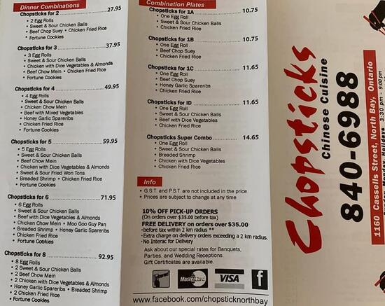 Menu at Chopsticks restaurant, North Bay