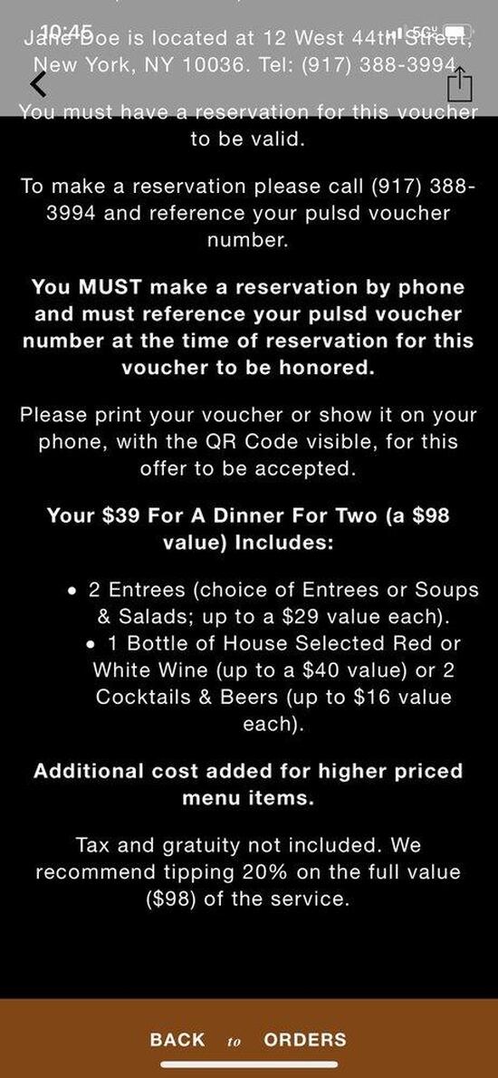 Menu at Jane Doe Bar & Restaurant, West New York
