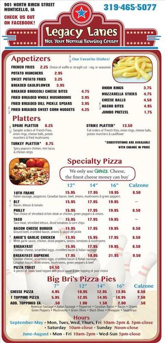 Menu at Legacy Lanes pub & bar, Monticello