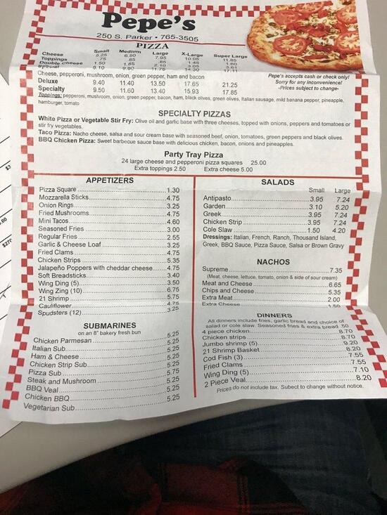 Menu at Pepe's Pizza pizzeria, Marine City