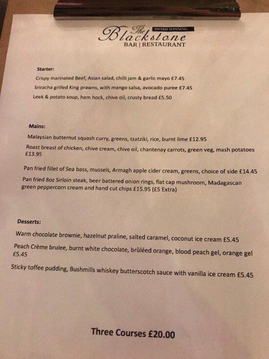 Menu at The Blackstone Bar, Ballymena