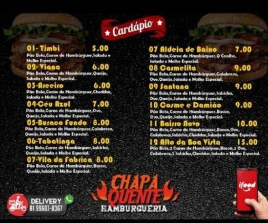 Carta del pub y bar Chapa Quente Hamburgueria, Camaragibe