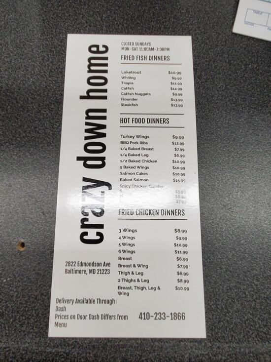 Menu at Crazy Down Home Chicken and Seafood restaurant, Baltimore