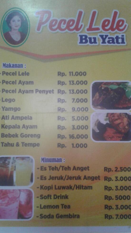 Carta del restaurante Pecel Lele Bu Yati, Wates, 34FM+9G9