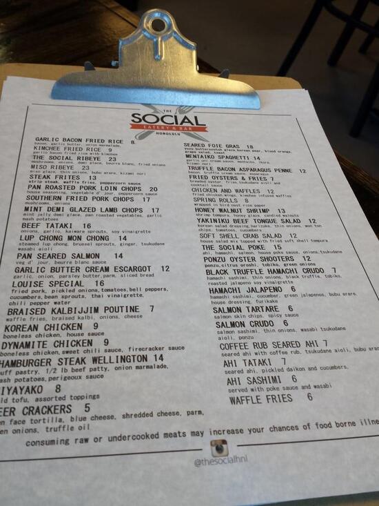 Menu at The Social Eatery & Bar, Honolulu