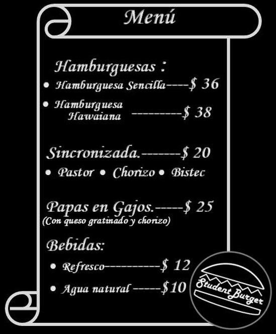 Menu at STUDENT BURGER restaurant, Celaya