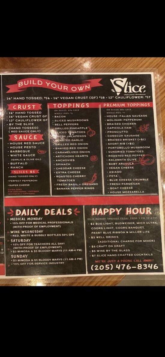 Menu at Slice Pizza and Brew pub & bar, Montevallo