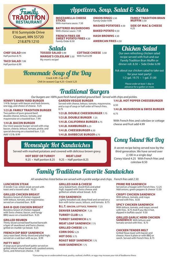 Menu at Family Tradition Restaurant, Cloquet