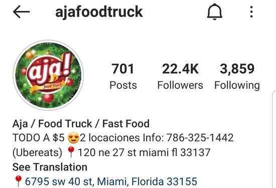 Menu at Aja Food Truck (Bird Road) fast food, Miami, SW 40th St