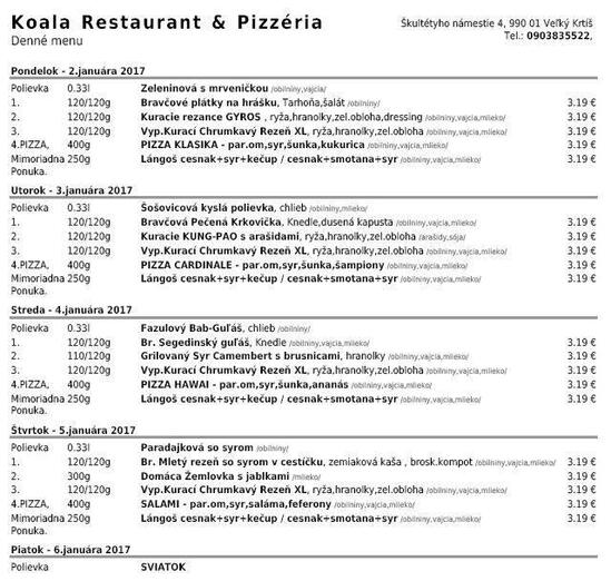 Menu at Reštaurácia Koala restaurant, Veľký Krtíš