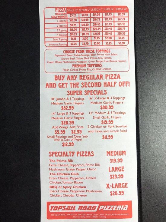 Menu at Topsail Road Pizzeria & Lounge, St. John's