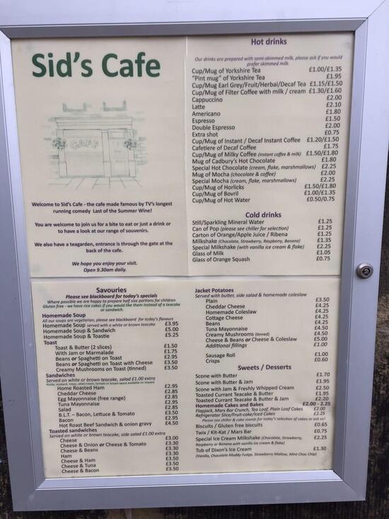 Menu at Sid's Cafe, Holmfirth