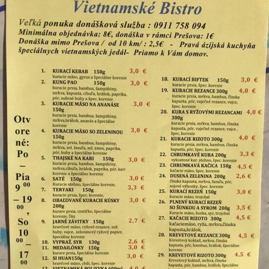 Menu at Vietnamské bistro, Prešov