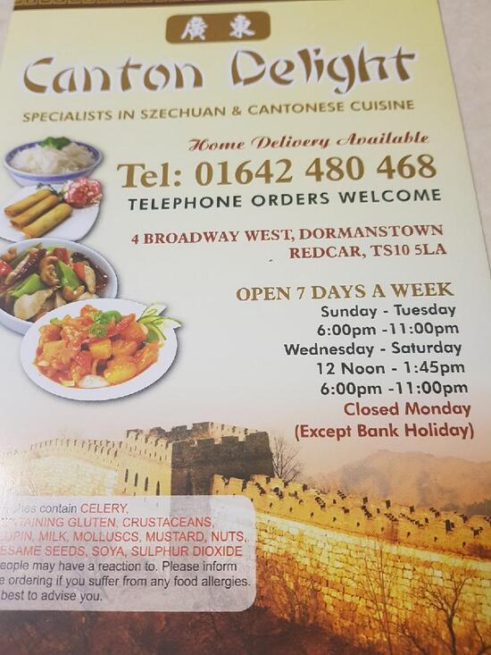 Menu at Can Ton Delight fast food, Redcar