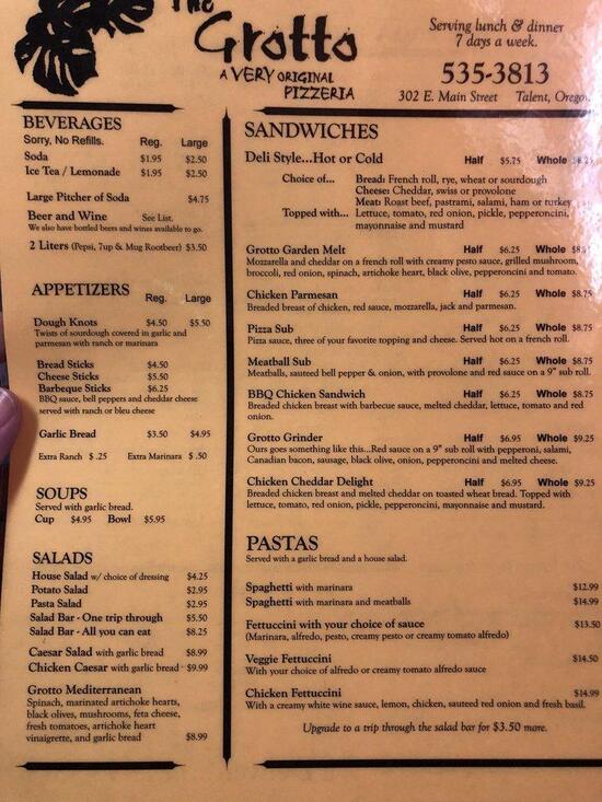 Menu at The Grotto Pizzeria, Talent