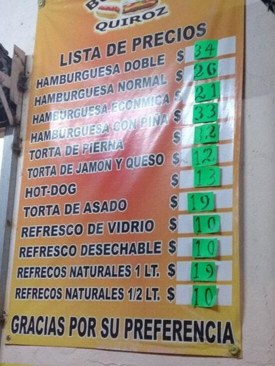 Menu at Burguer Quiroz restaurant, Merida, C. 19 221