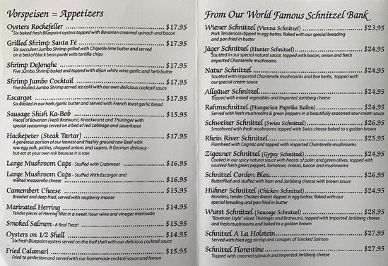 Menu at Chef Klaus' Bier Stube restaurant, Frankfort