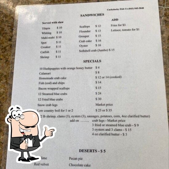 Menu at Cackalacky Fish restaurant, Myrtle Beach