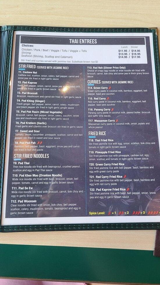 Menu at Thai Seed restaurant, USA