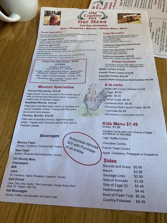Menu at Old Country Inn restaurant, Big Bear Lake