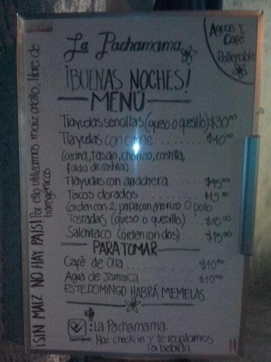 Menu at La Pachamama restaurant, Oaxaca