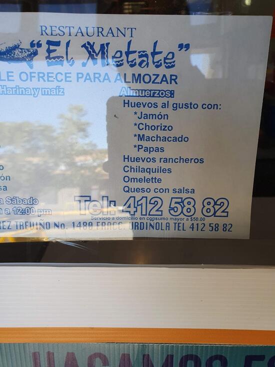 Carta del restaurante El Metate, Saltillo