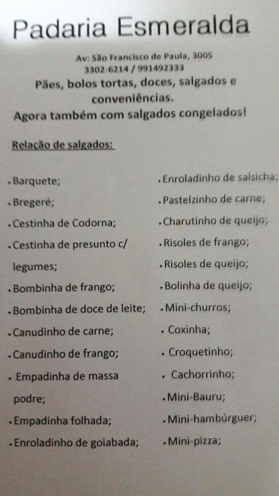 Menu em Esmeralda Padaria e Conveniências, Pelotas