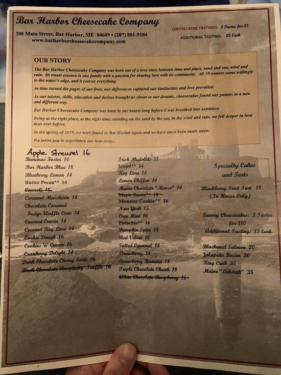 Menu at Bar Harbor Cheesecake Company, Bar Harbor