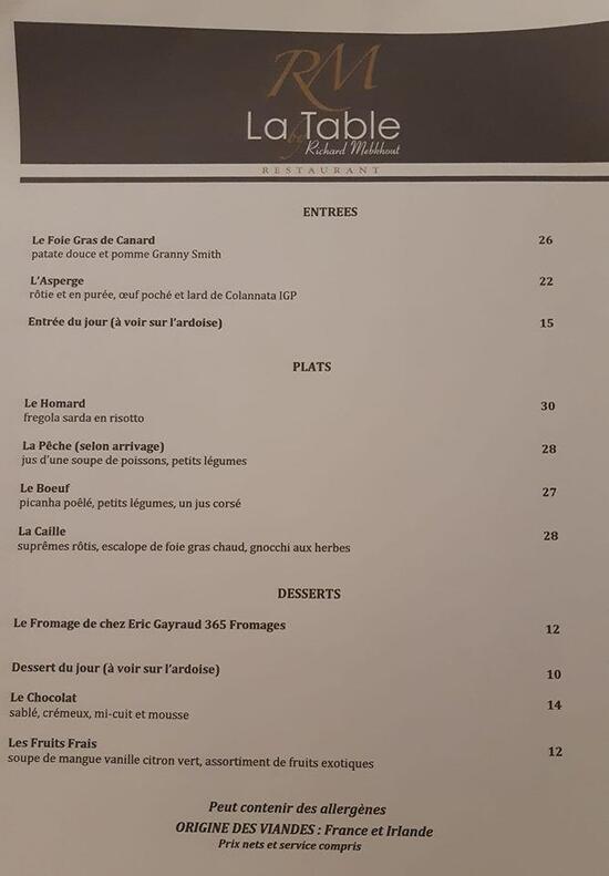 Menu at La Table by Richard Mebkhout restaurant, Valbonne
