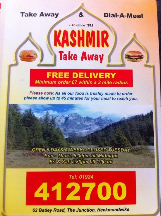 Menu at Kashmir Takeaway fast food, Heckmondwike