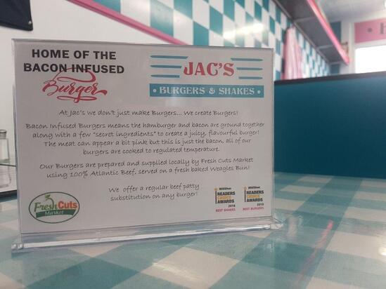 Menu at Jac's Burgers and Shakes restaurant, Bridgewater