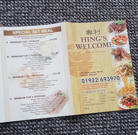 Menu at Hings Welcome fast food, Walsall