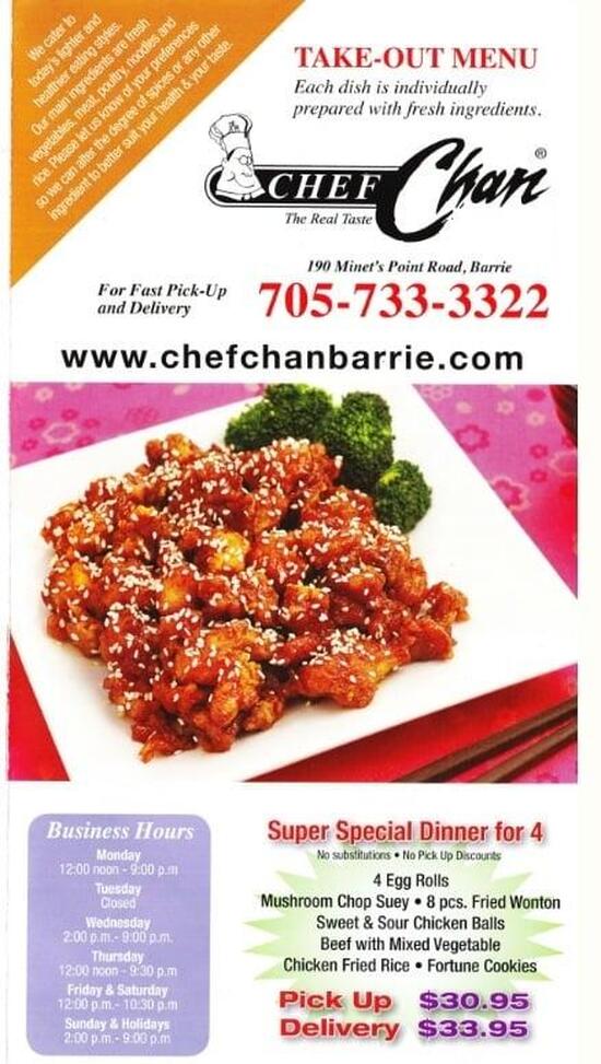 Menu at Chef Chan restaurant, Barrie