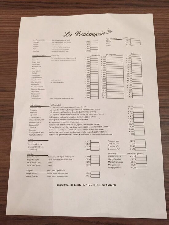 Menu at La Boulangerie, Den Helder