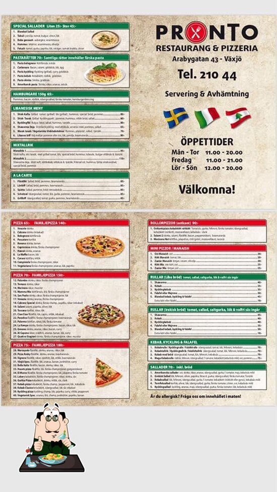 Menu at Pronto Restaurang & Pizzeria, Växjö