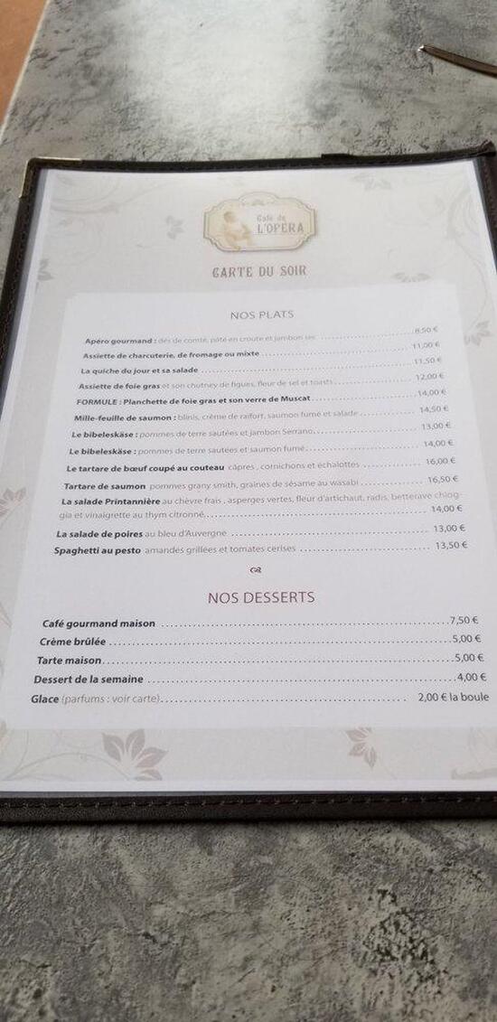 Menu at Café de l'Opéra, Strasbourg