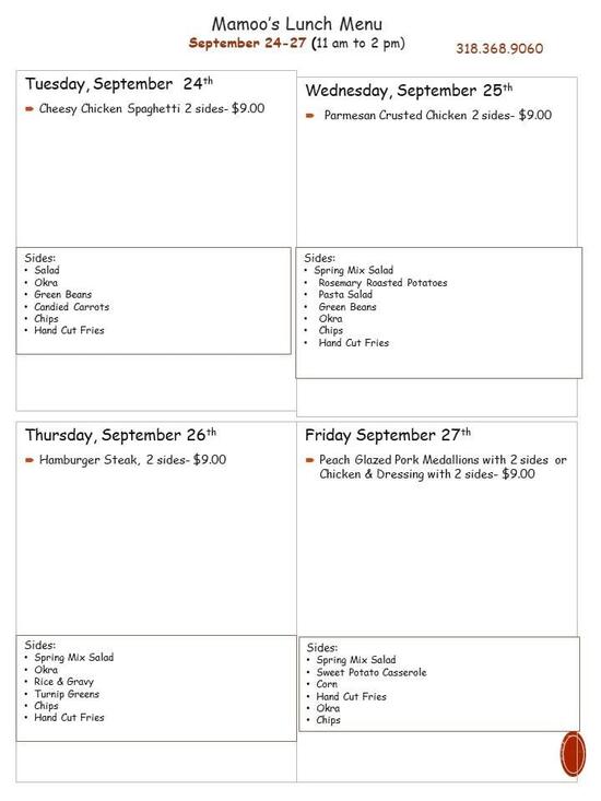 Menu at Mamoo's Market & Catering restaurant, Farmerville