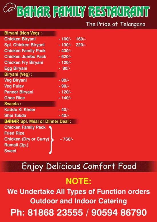 Menu at Bahar family Restaurant, Karimnagar