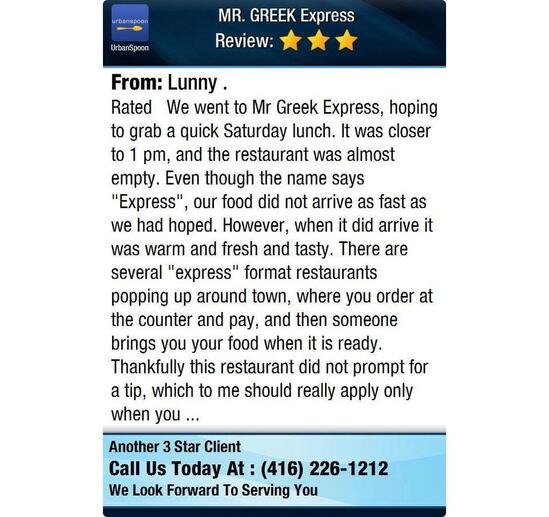 Mr. Greek Express, 4914 yonge St in Toronto - Restaurant menu and reviews