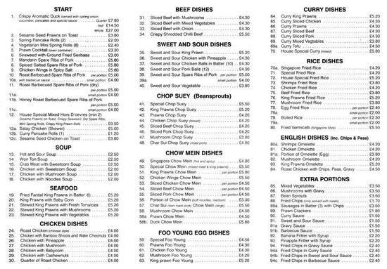 Menu at China Dragon, Sheerness
