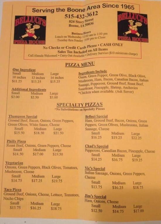 Menu at Belluci Pizza House pizzeria, Boone