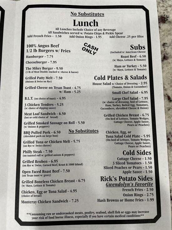 Menu at Rick's Cafe, Zephyrhills